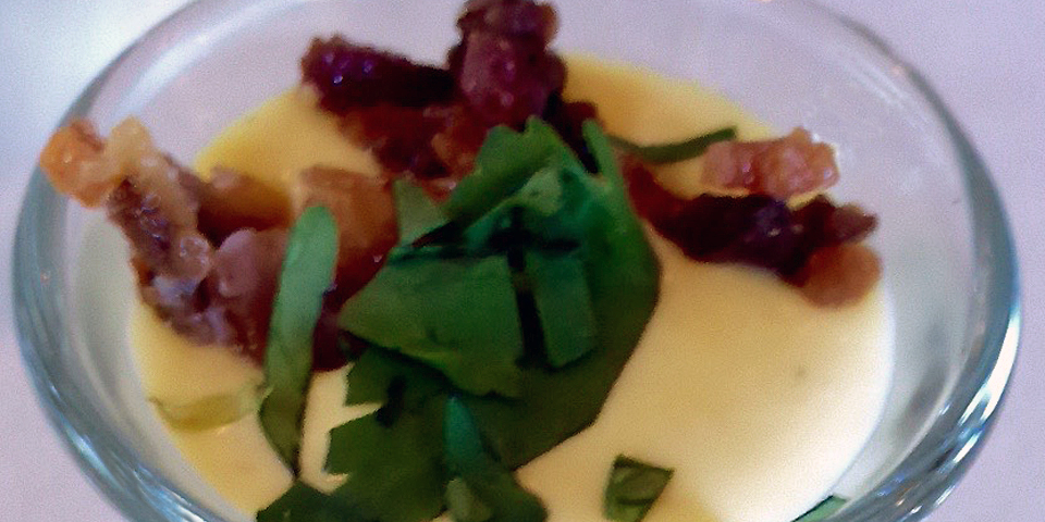 amuse bouche, corn chowder with Nueske bacon, Osthoff, Lola’s, Elkhart ...