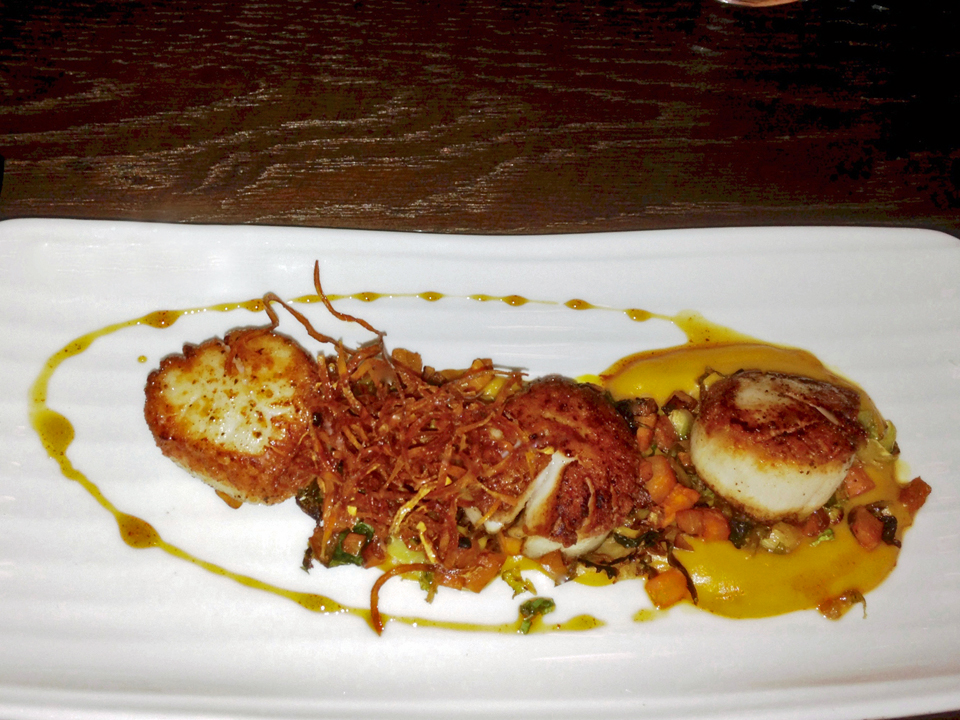Brown Butter Seared Scallops starter with Brussels sprouts and sweet ...